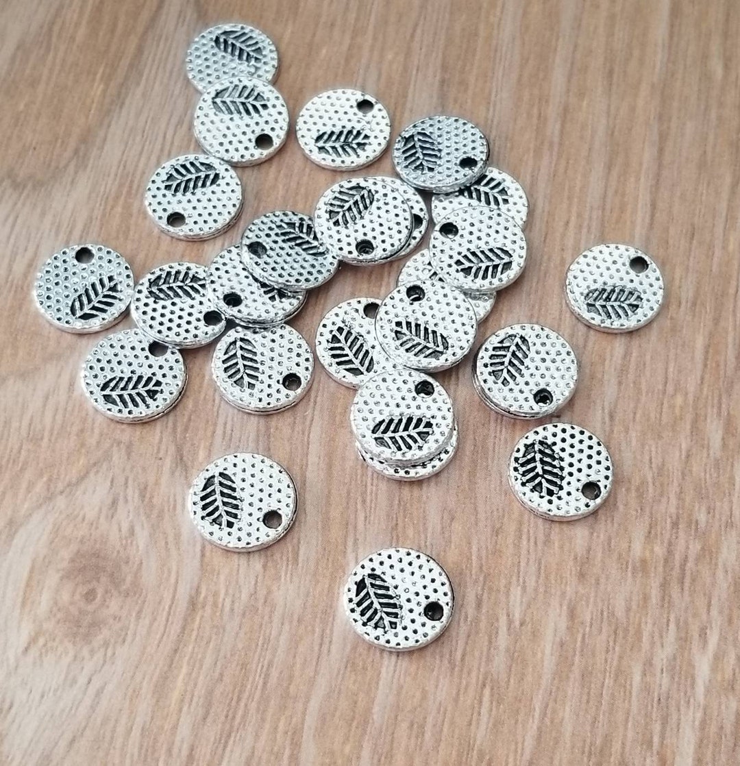 10 Mini Round Charms With Leaf Cut Out Design Textured Doubled Sided ...