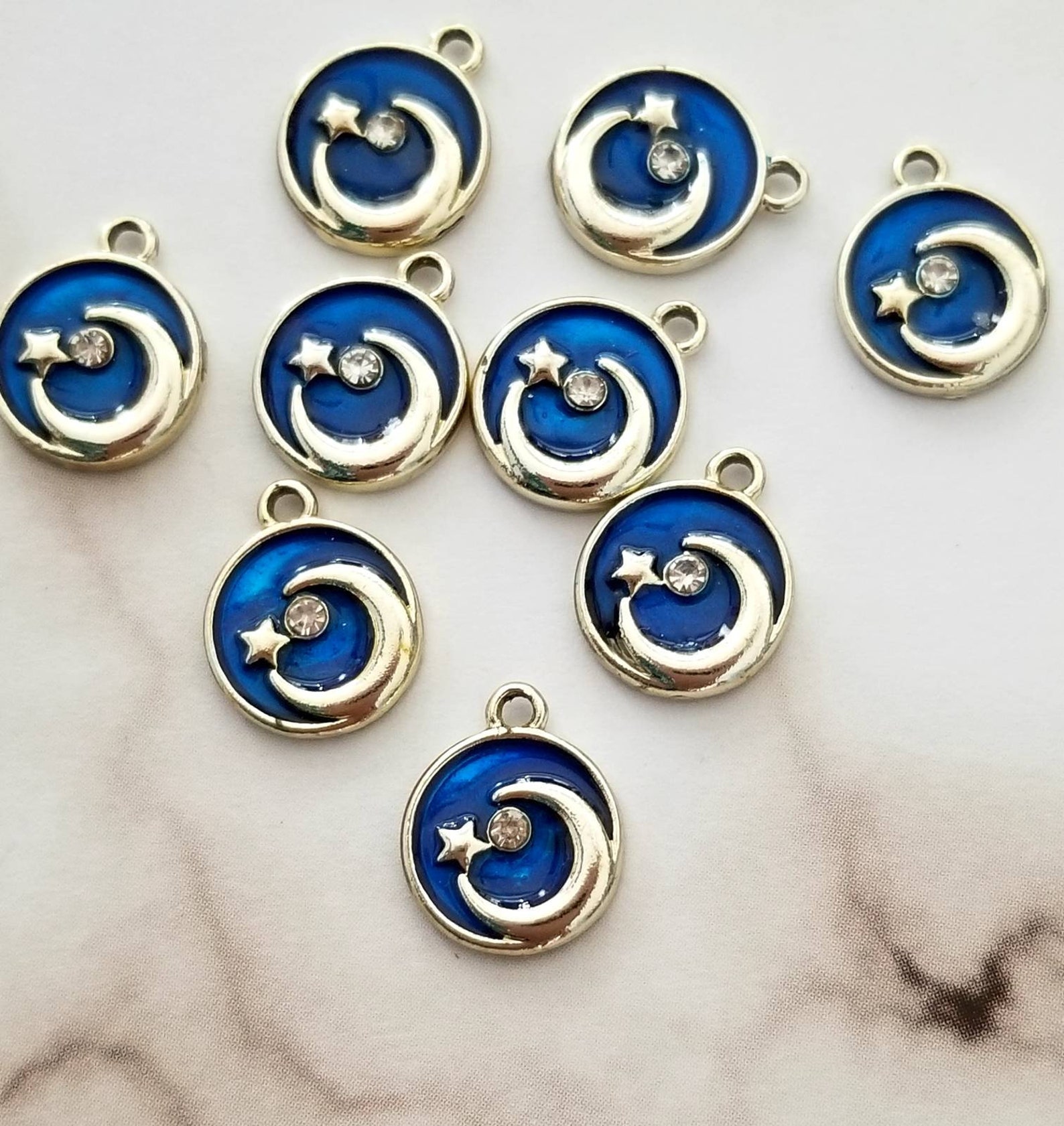 Tiny Celestial Charms Blue Enamel Moon and Star Charms With - Etsy