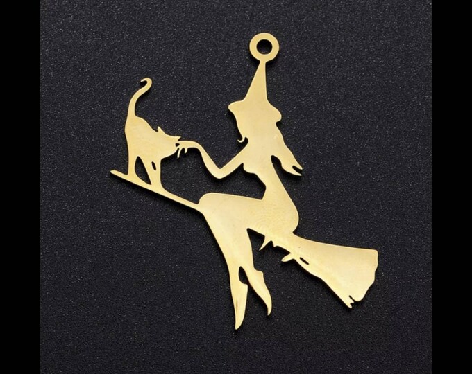 Lovely Gold Witch on Broomstick With Familiar Gold Stainless Steel ...