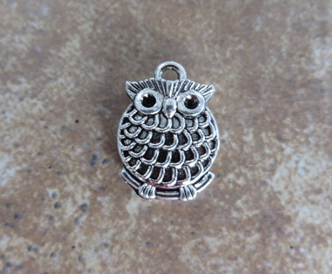6 Lovely OWL Charms Cute Puffed Double Sided Owls Varying Silver Bird ...