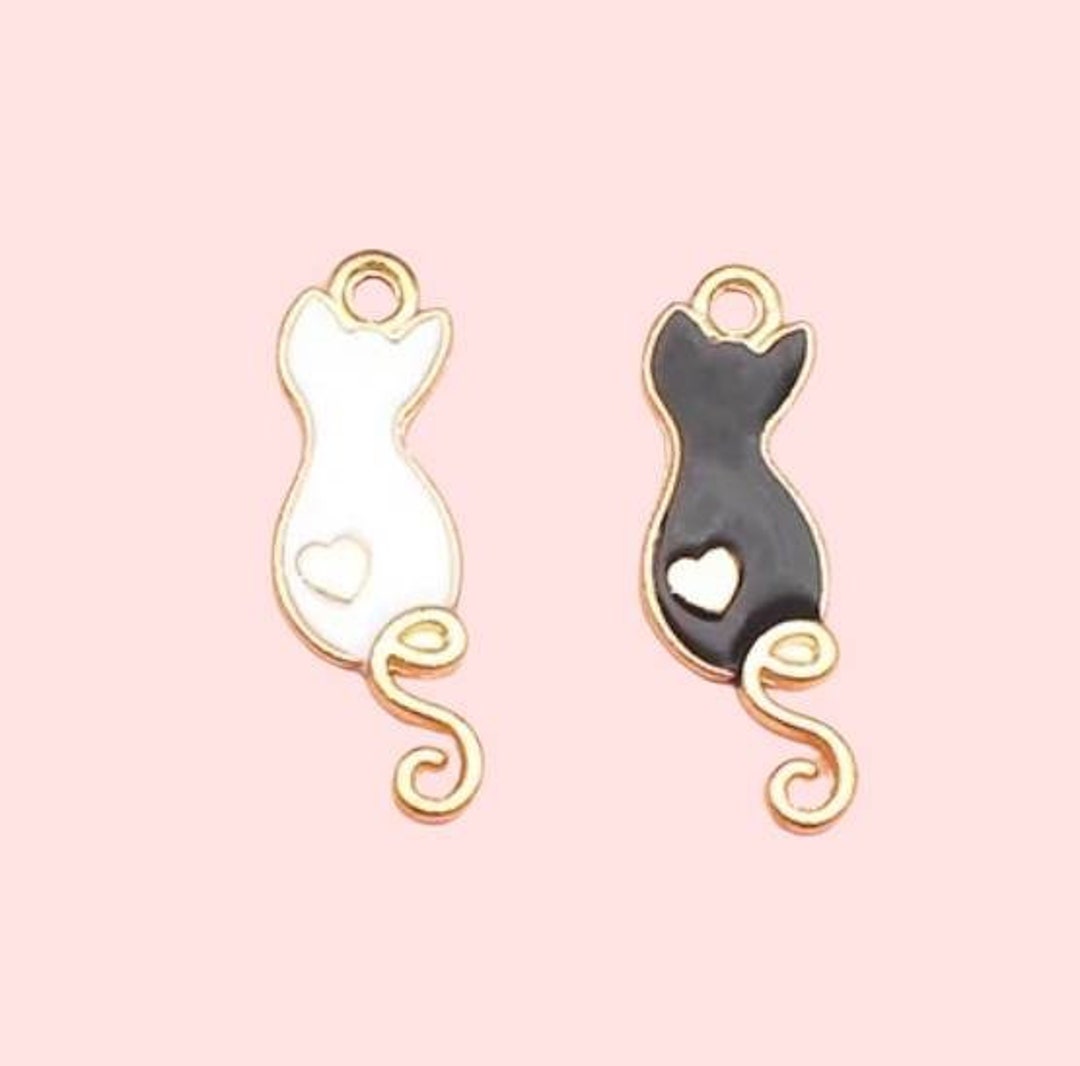 Adorable White or Black Cat Charms Black Enamel Cat Charms With Gold ...