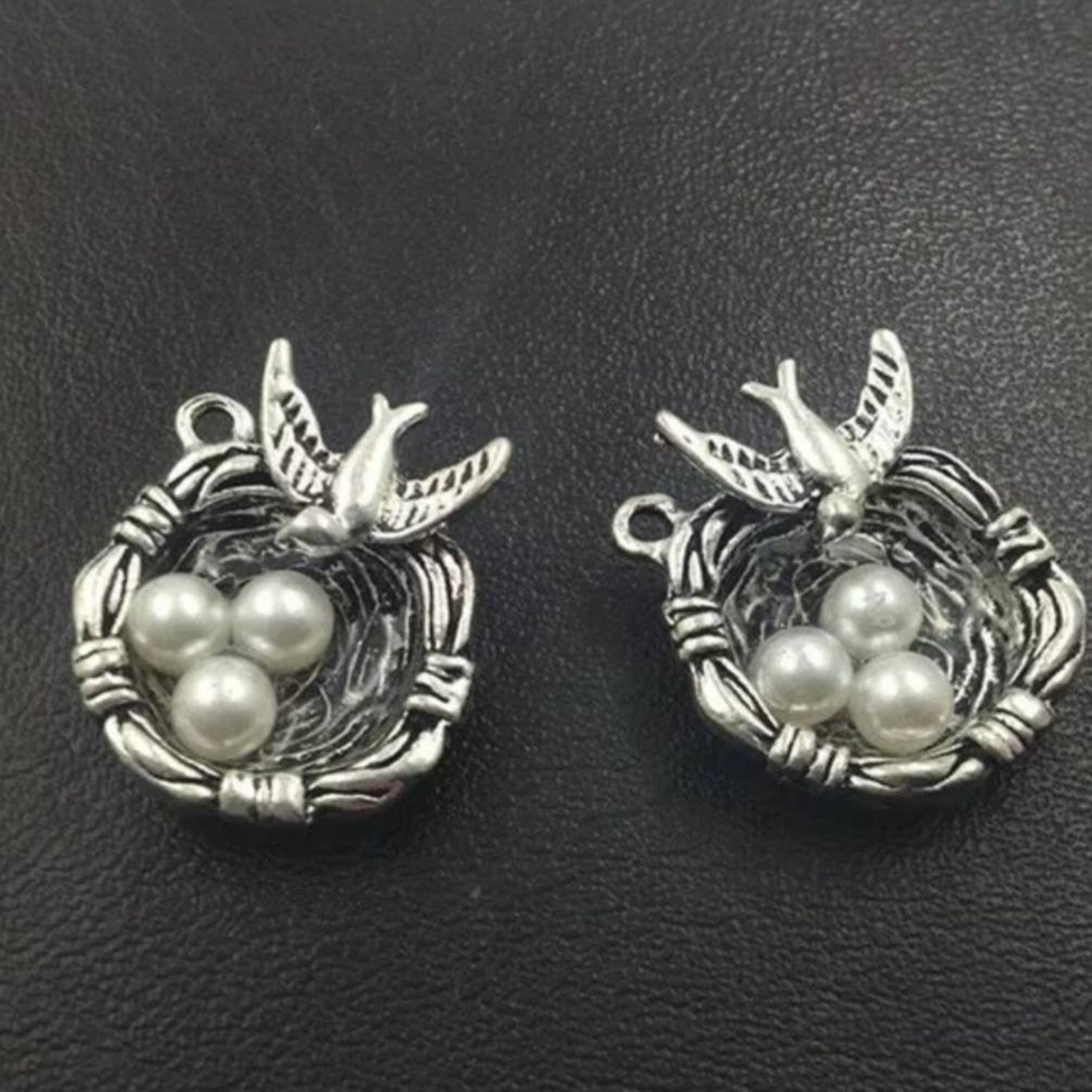 2 Bird's Nest Charms Bird Charms Nests With Faux Pearl Eggs Silver ...