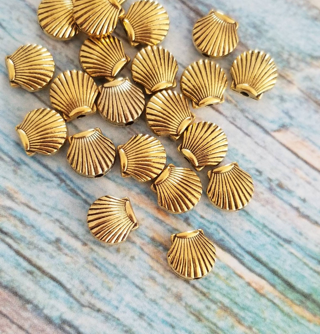 10 Sea Shell Spacer Beads Antique Gold Seashell Beads Beach Vacation ...