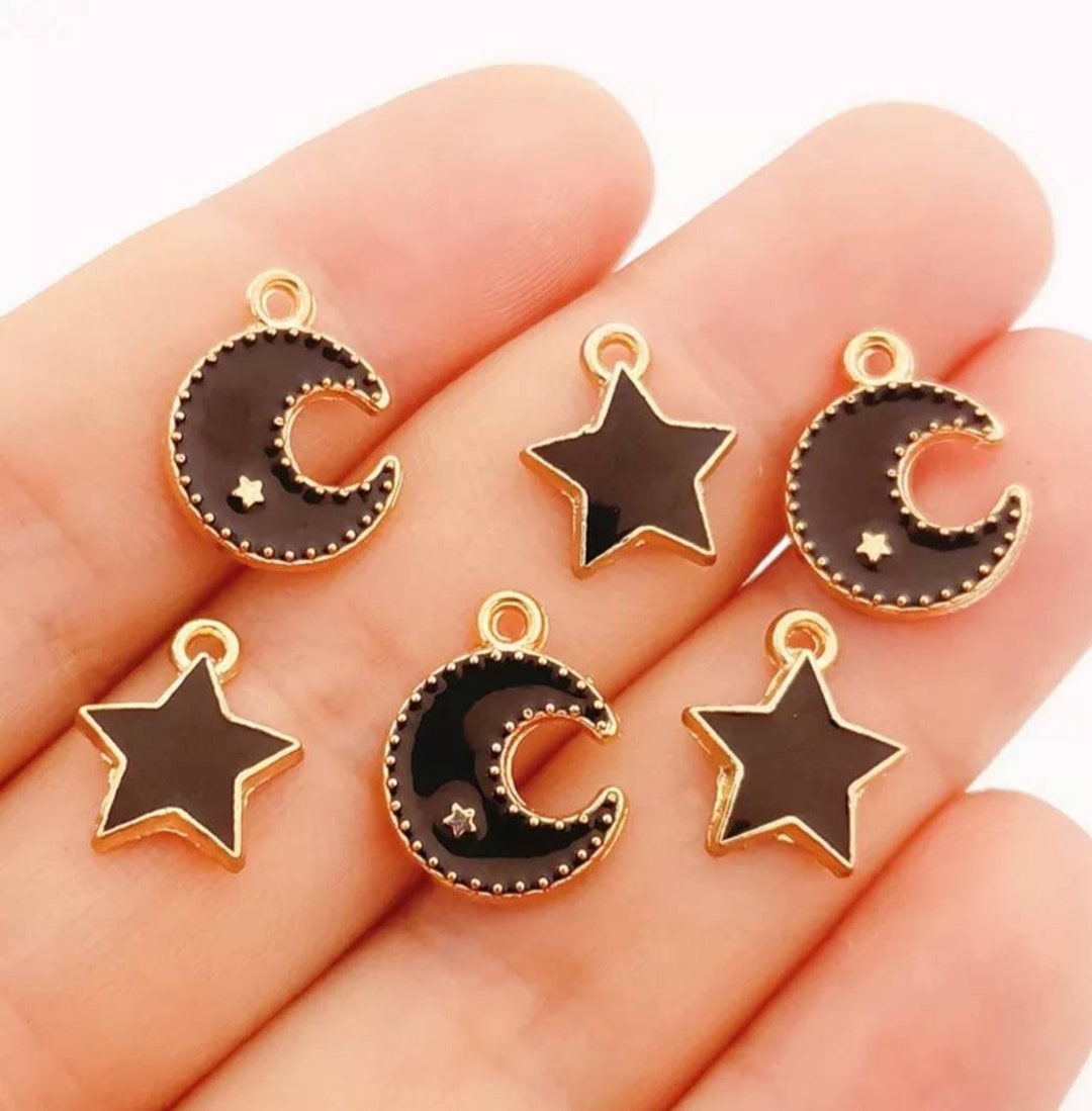 Mini Enamel Crescent Moon and Star Charms Black Moon Charms With Star ...