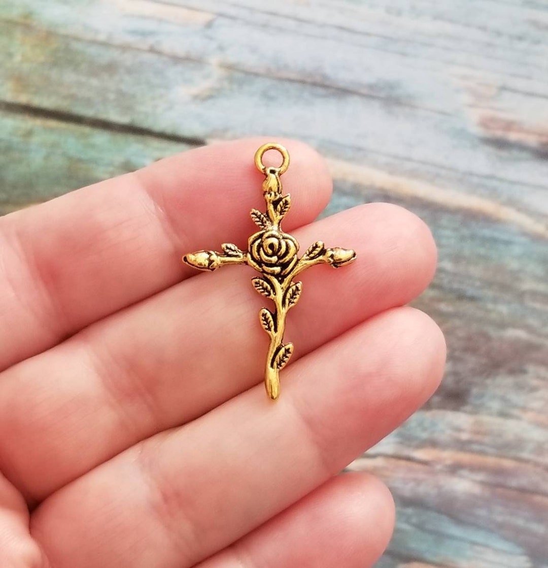 6 Vine Cross Pendants Rustic Antique Gold Religious Charms Rose Crosses ...
