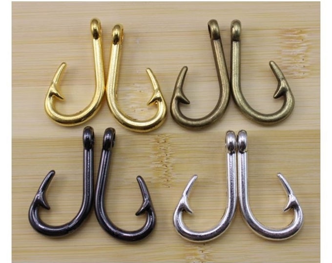 Large Fish Hook Connectors Hook Charms Pendants Silver Bronze Gold or ...