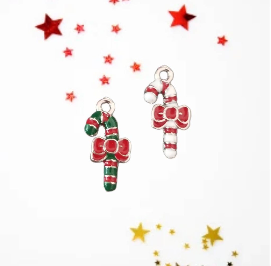 6 Little Enamel Candy Cane Charms Enamel Christmas Charms Silver and ...