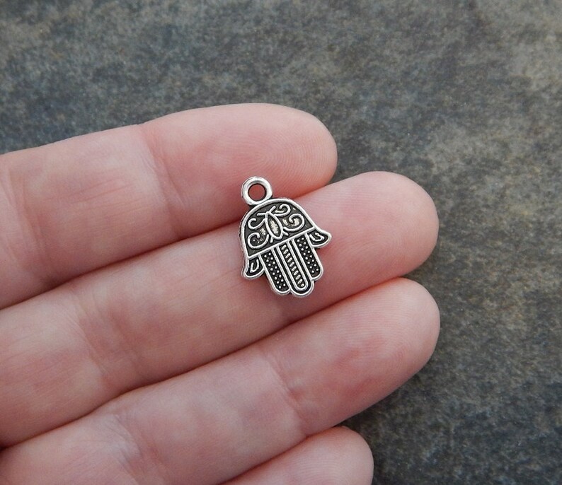 Small Hamsa Hand Charms Lovely Ornate Little Dark Silver Hand of God ...