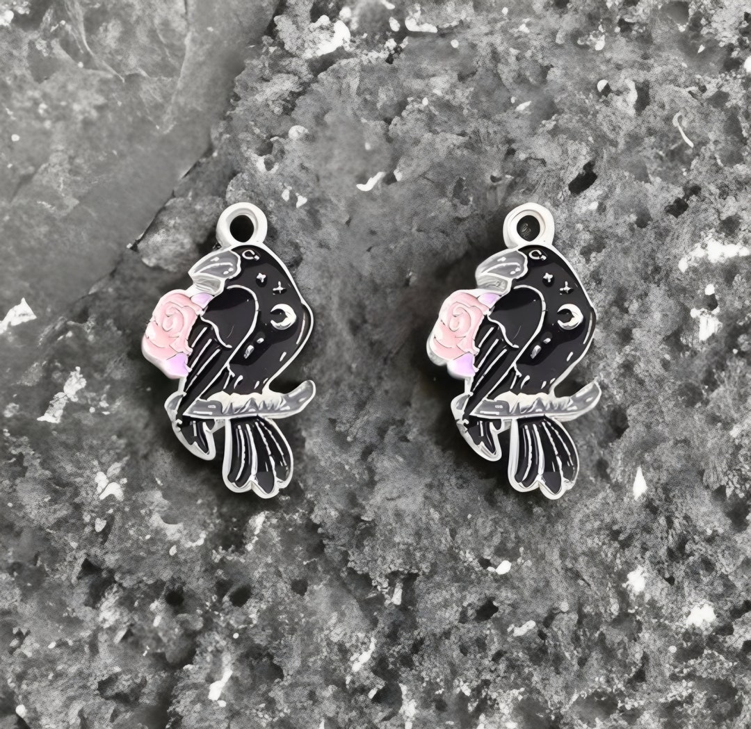 Raven Charms Black Enamel Crow Charms With Moon Purple Flower Charms ...