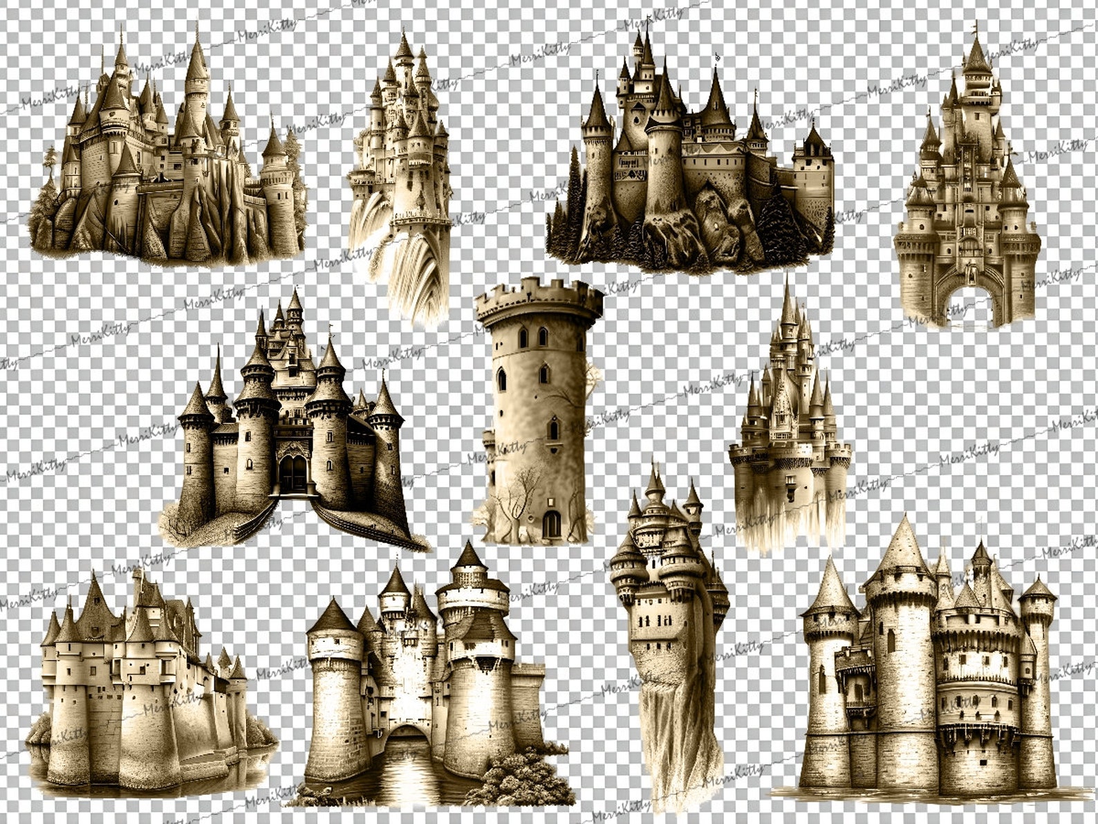 Sepia Castles Clipart SC7 30 Castle Graphic Images Instant Download ...