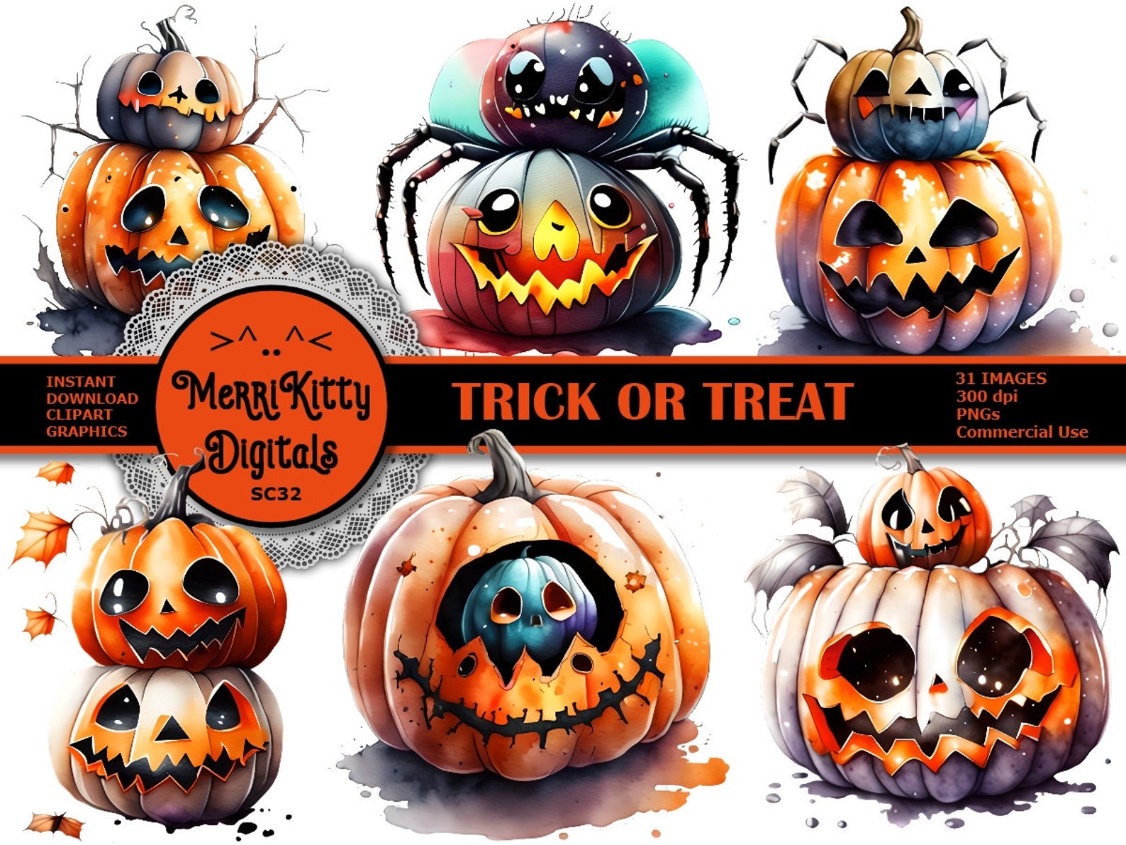 Scary Cute Pumpkin Clipart SC32 31 Pumpkin Graphic Images Instant ...