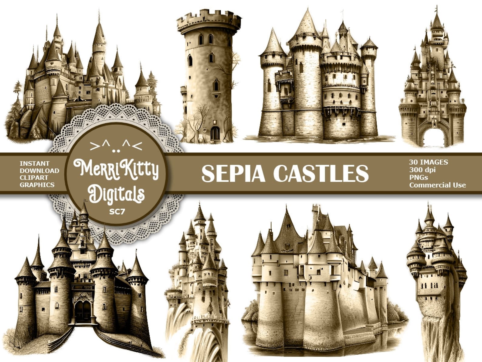 Sepia Castles Clipart SC7 30 Castle Graphic Images Instant Download ...