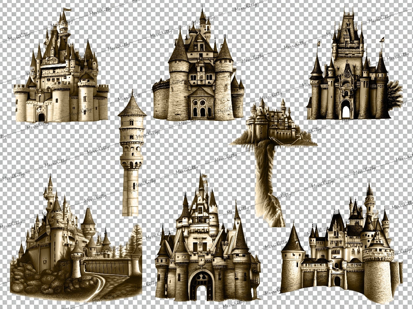 Sepia Castles Clipart SC7 30 Castle Graphic Images Instant Download ...