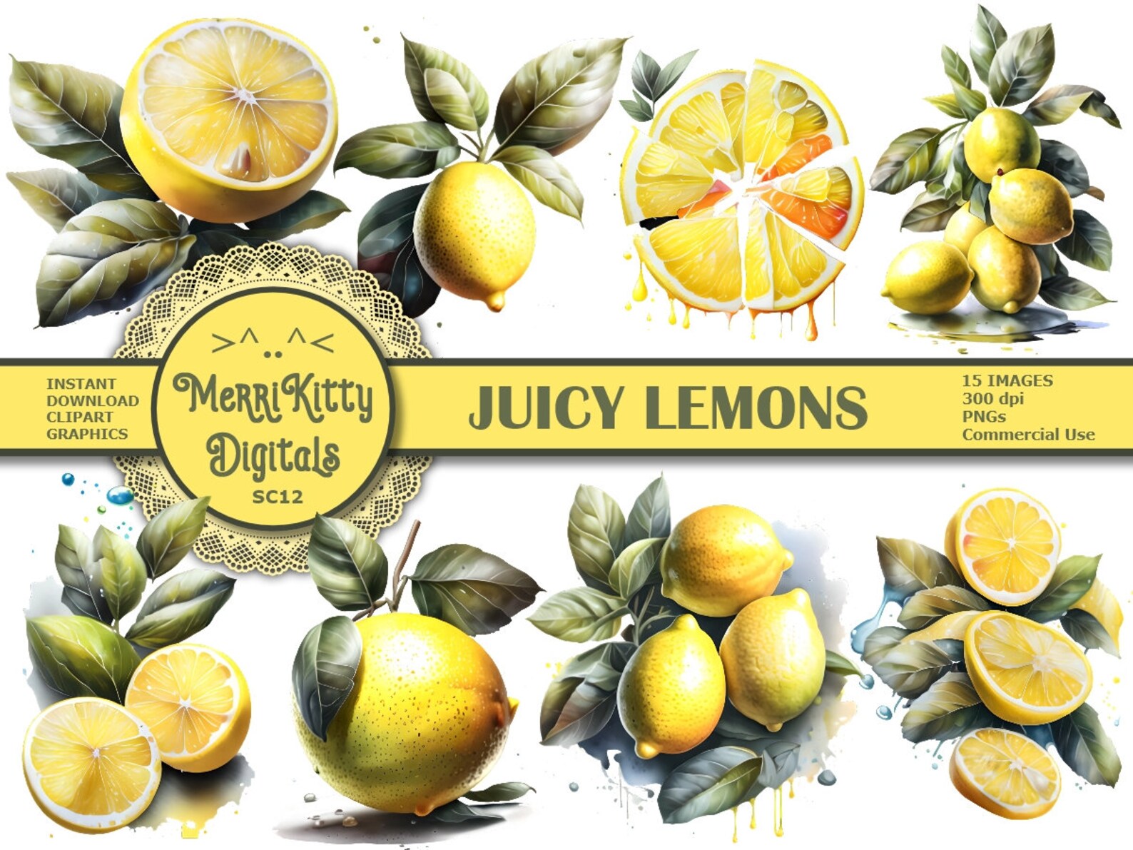 Juicy Lemons Clipart SC12 15 Lemon Graphic Images Instant Download ...