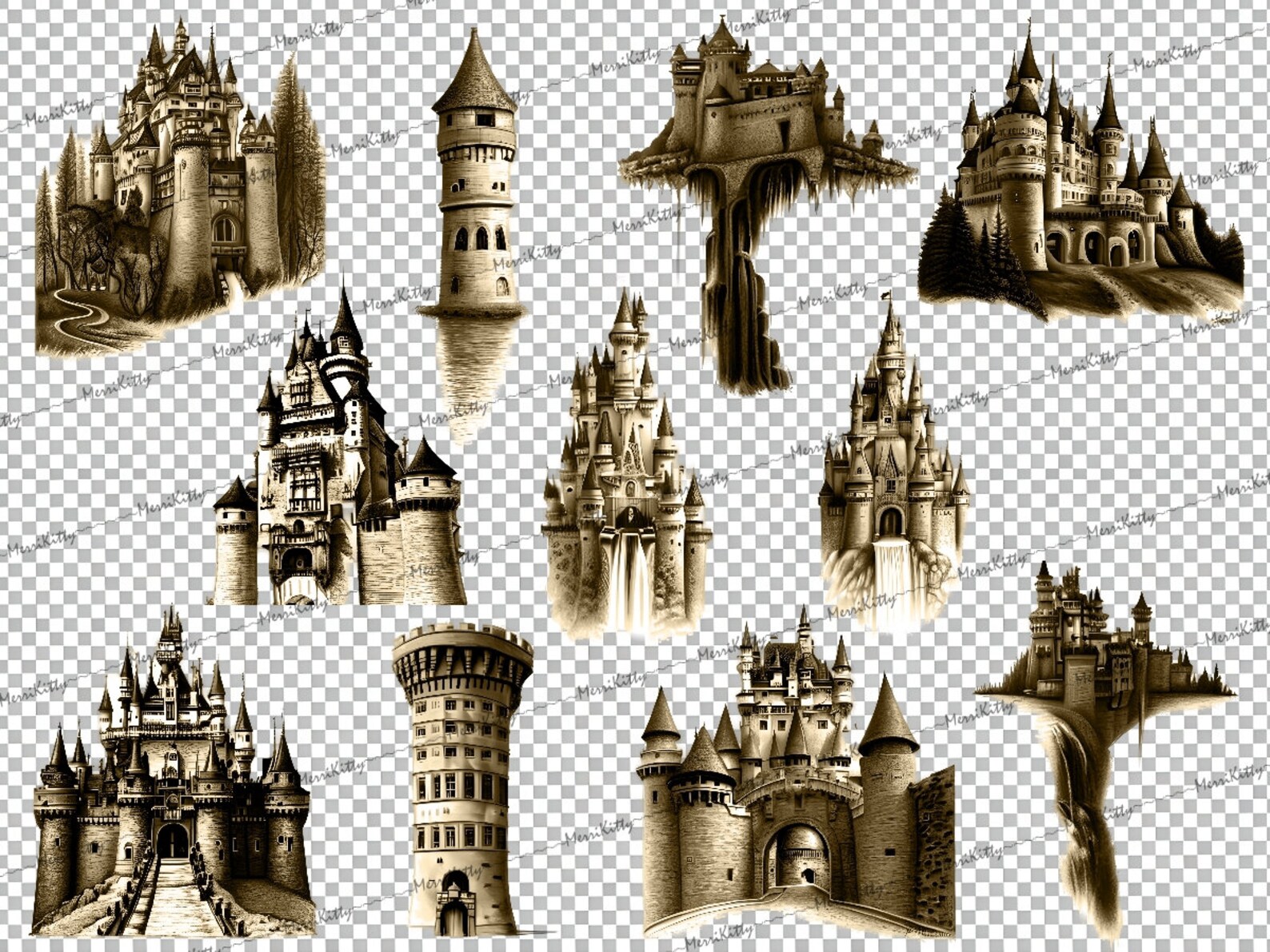 Sepia Castles Clipart SC7 30 Castle Graphic Images Instant Download ...