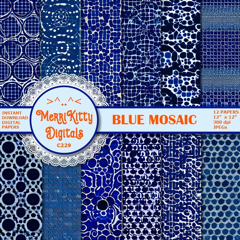 Blue Mosaic Digital Paper C229 12 12x12 Digital Paper Instant Download ...