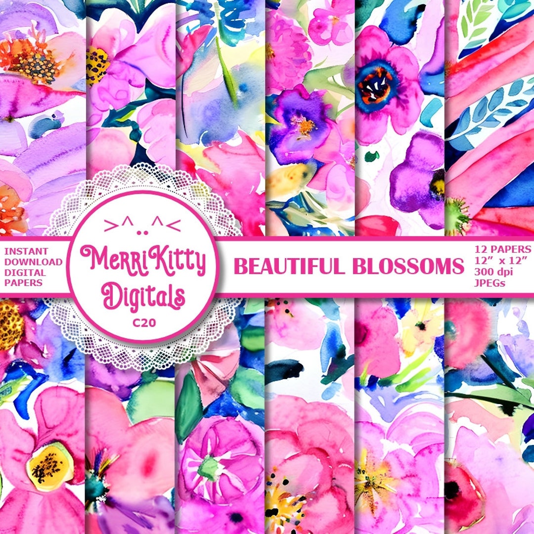 Pink Flower Digital Papers C20 INSTANT Download Watercolor Digital ...