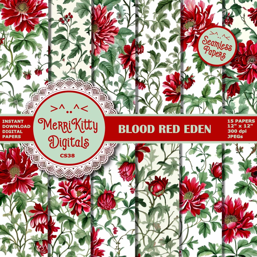Red Flower Seamless Digital Papers CS38 15 12x12 Red Floral Digital ...