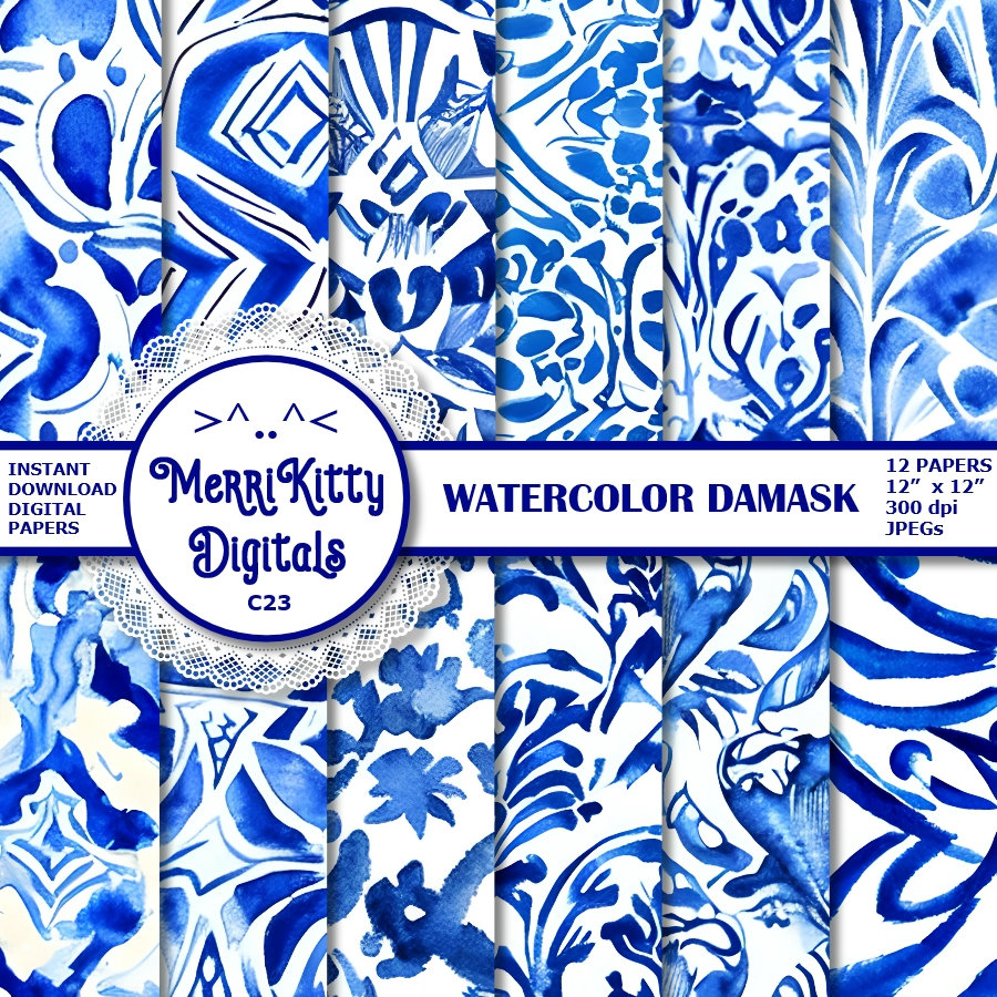 Blue Watercolor Damask Digital Papers C23 INSTANT Download Digital ...
