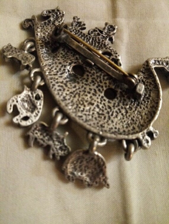 Noah's Ark Pewter Pin Brooch With Dangling Charms - Gem