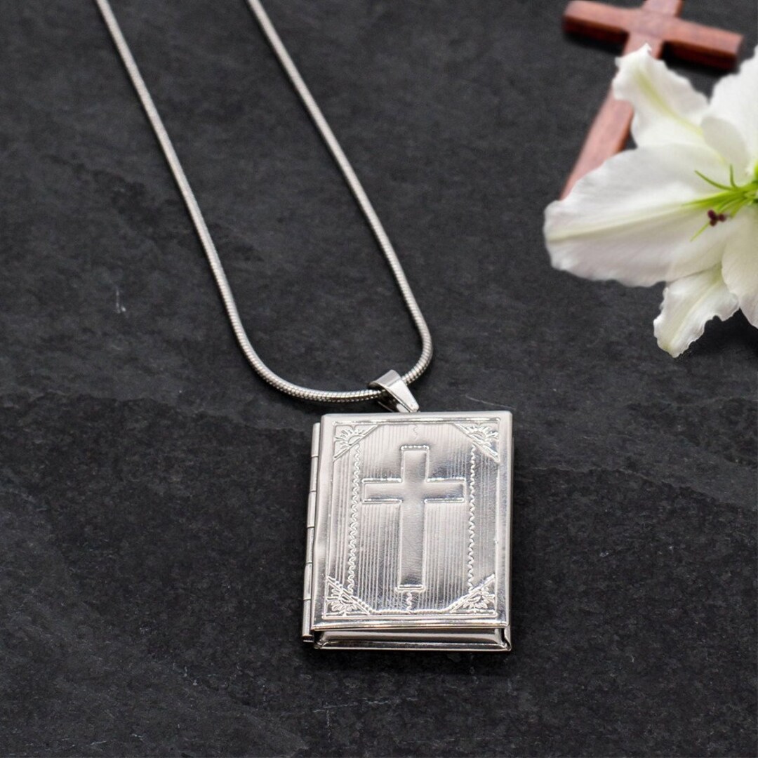 Silver Holy Bible Photo Locket Necklace Custom Engraved Cross Necklace ...