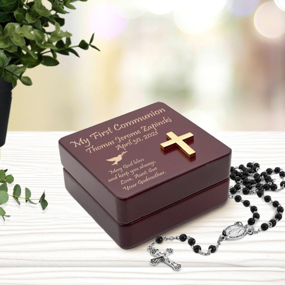 First Communion Wooden Rosary Box With Gold Cross - Etsy