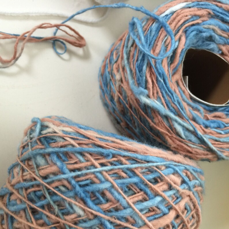 SLUBBY Organic handspun cotton yarn: blue/salmon pink 2 rolls | Etsy