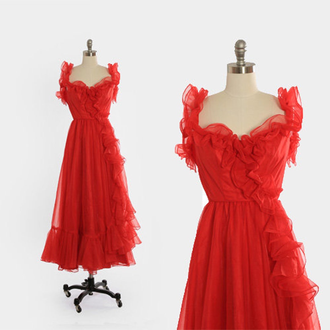 Vintage 70s Red Ruffle Chiffon Gown Dress - Etsy