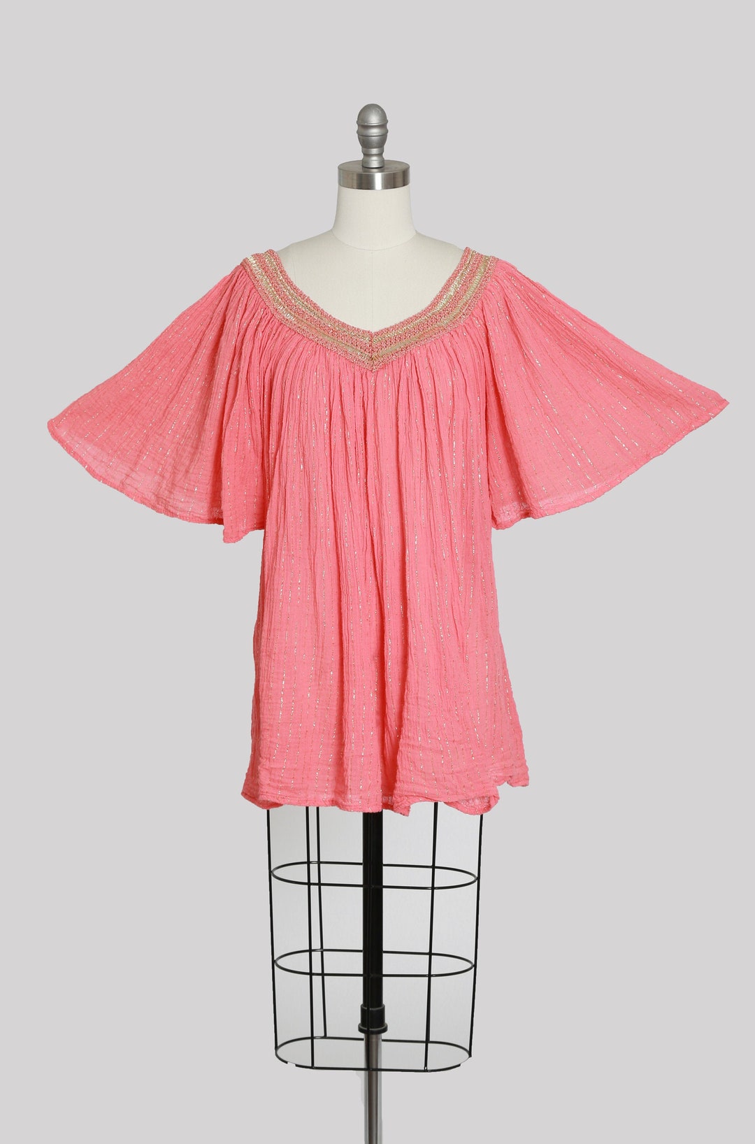 Grecian Crochet Gauze Top | Vintage 70s Coral Angle Wing Cotton Gauze ...