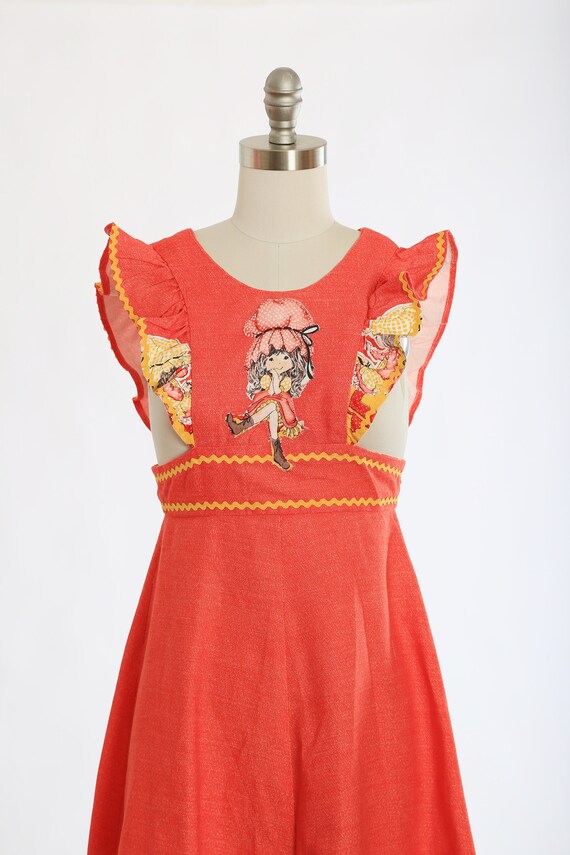 Vintage 1970s orange Holly Hobbie LOVE pinafore maxi … - Gem