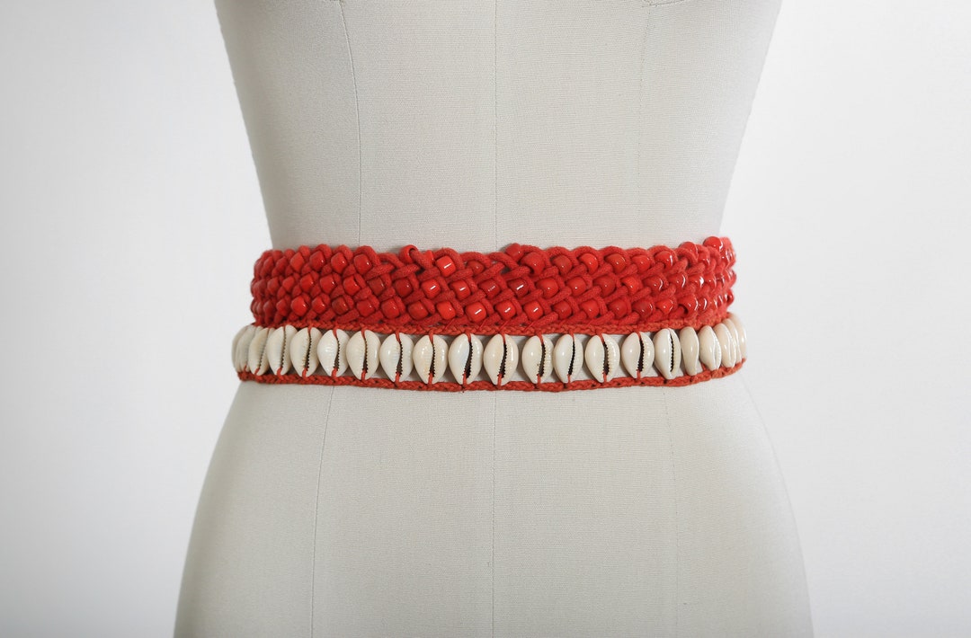 Seashell Belt | Vintage Red Cord Cowrie Sea Shell Beaded Belt - Etsy