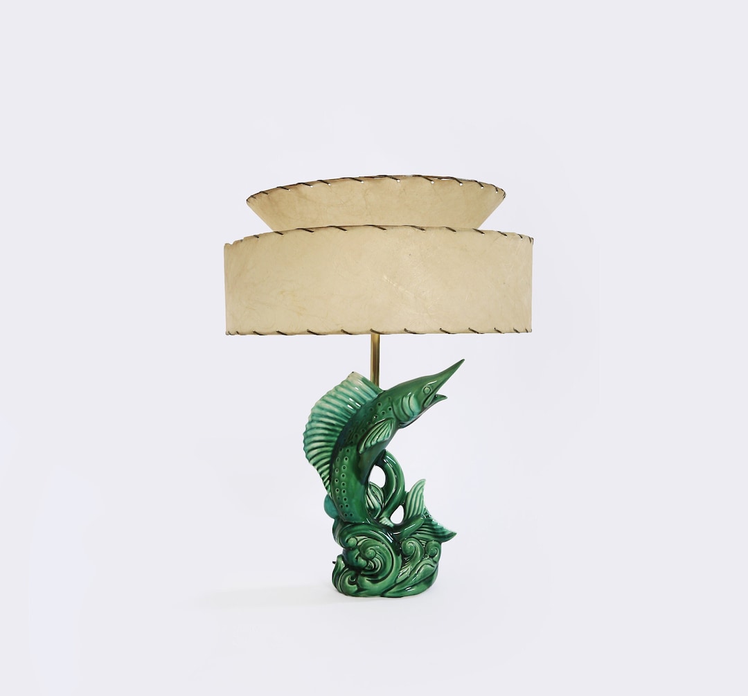 Vintage 1950s Mid Century Modern Ceramic Marlin Fish Lamp + Fiberglass ...