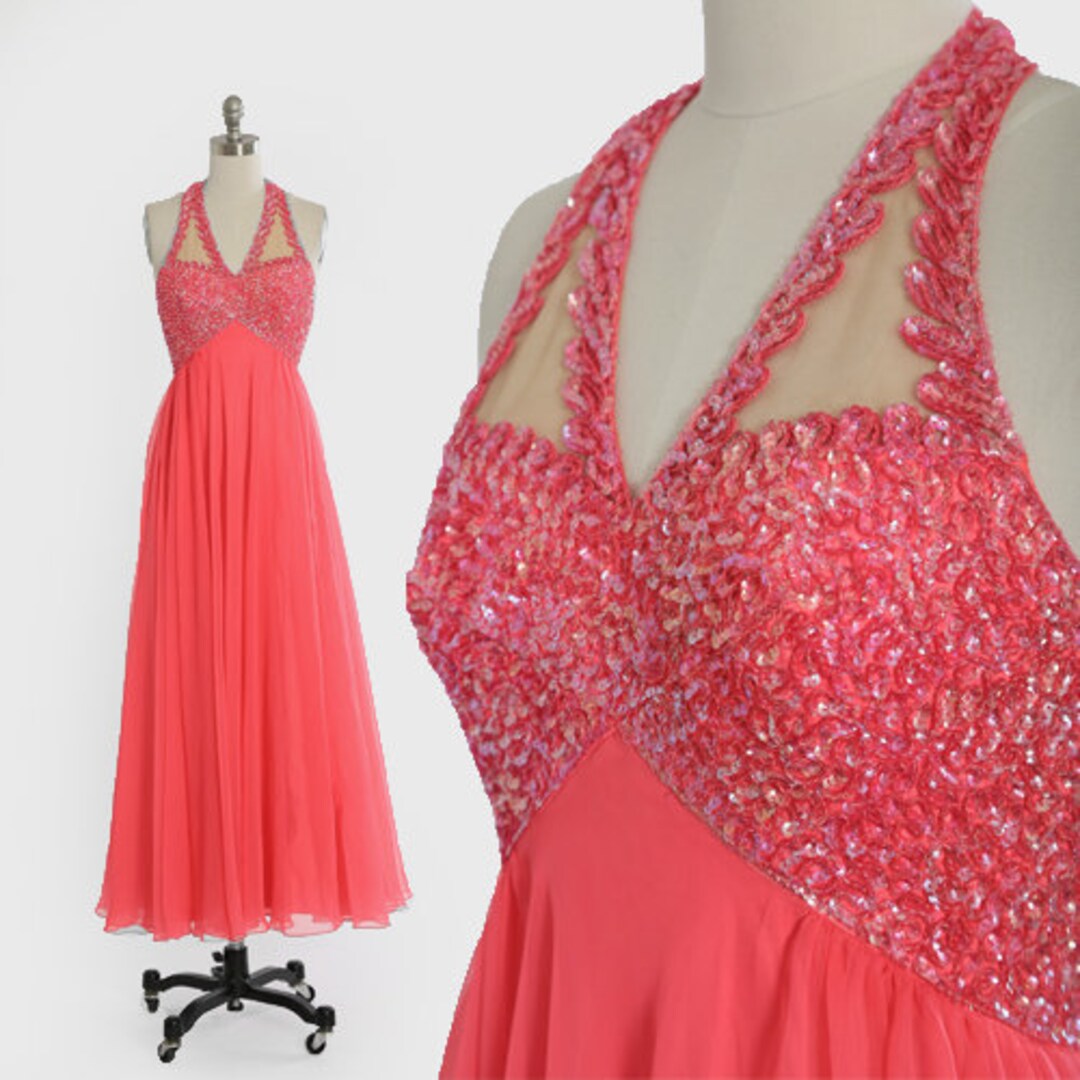 Mike Benet Sequin Dress | Vintage 60s 70s Pink Chiffon Sequin Maxi ...