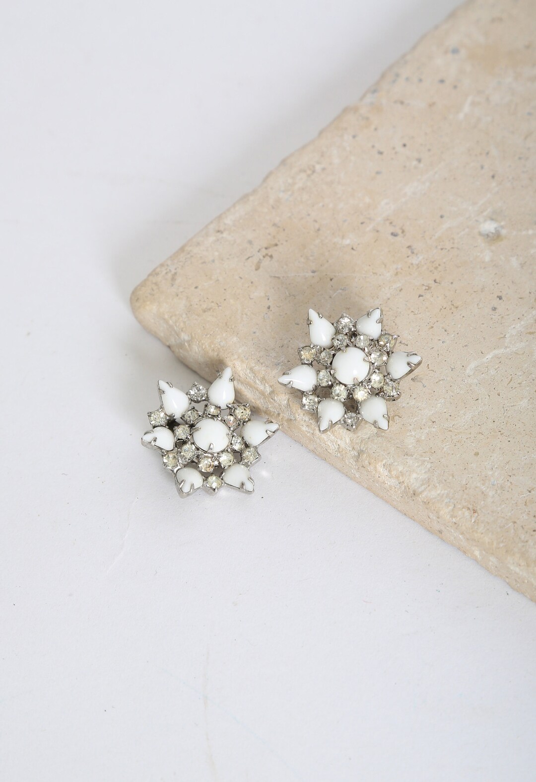 Vintage 60s Milk Glass Rhinestone Star Clip on Earrings - Etsy