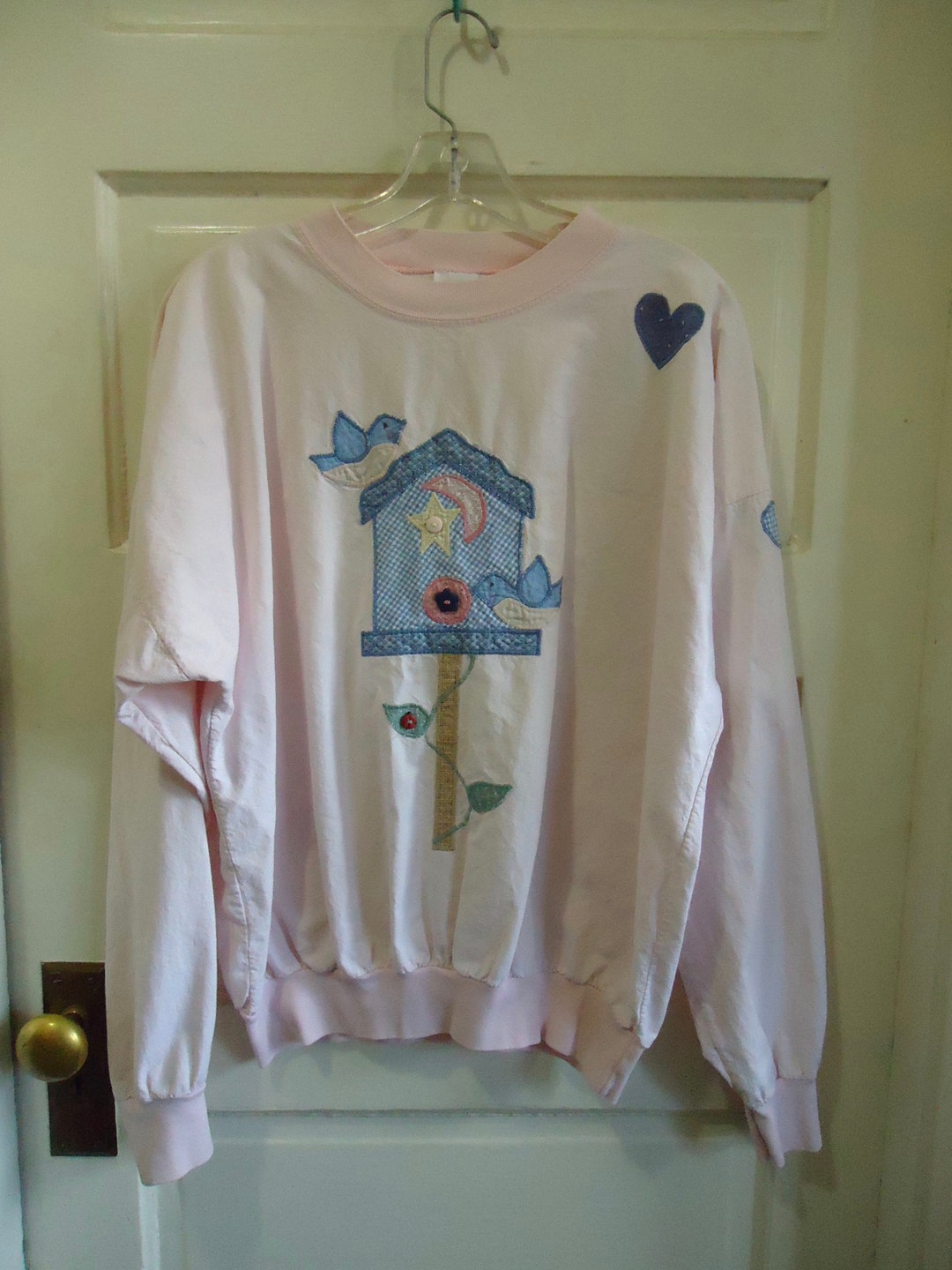 Vintage 80s BIRD Theme Softgirl Applique Patchwork Cotton Long Sleeve ...