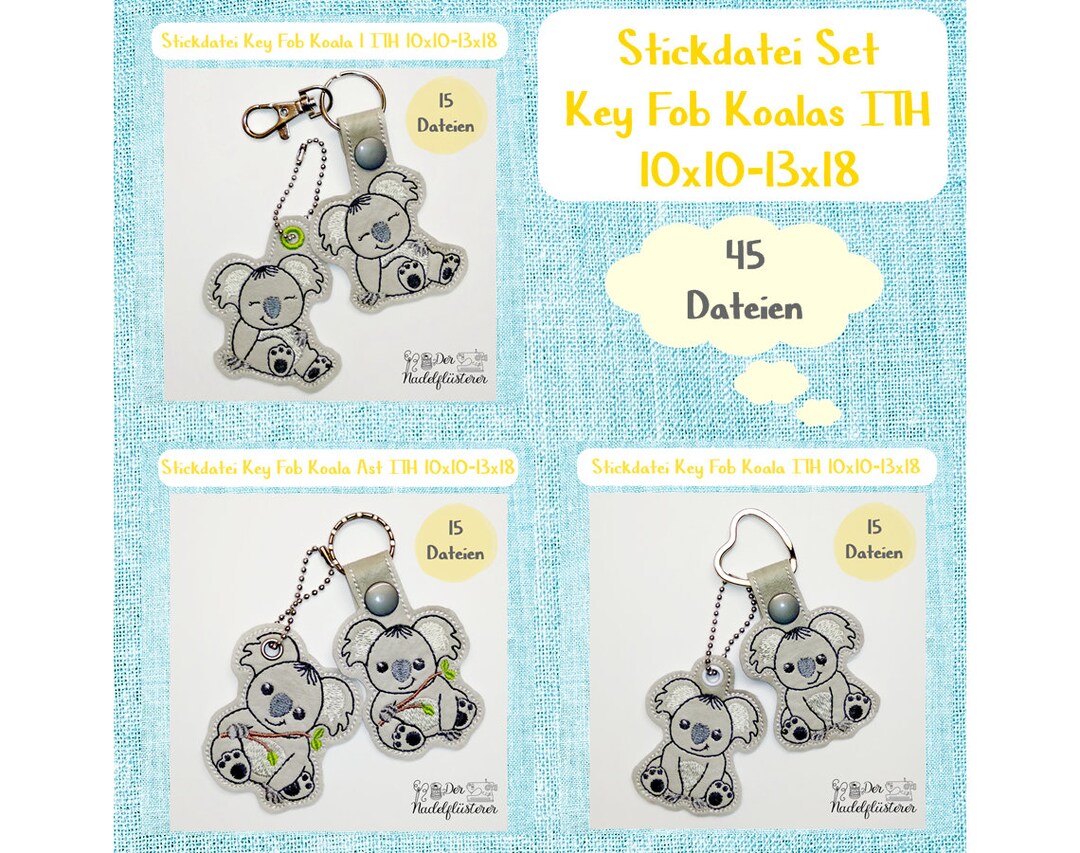 Digital Embroidery File Key Fob Koala Set ITH 10x10-13 X 18 Cm 4x4-5x7 ...