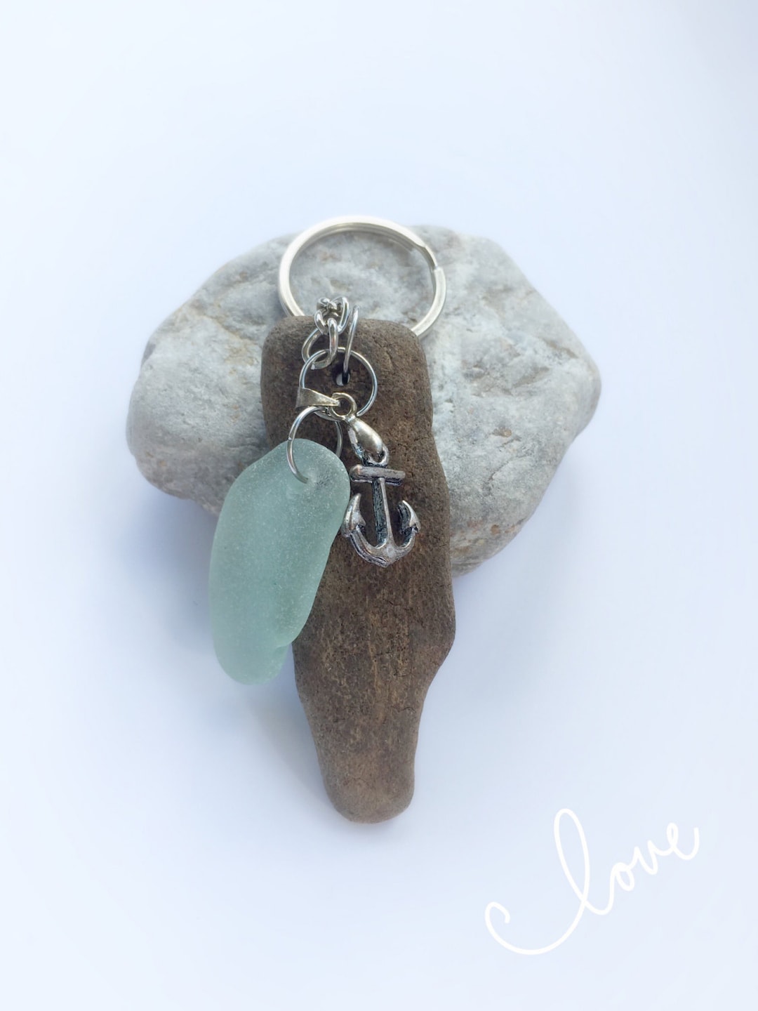 Sea Glass Keyring, Driftwood Sea Glass Anchor Key Ring Handmade From ...