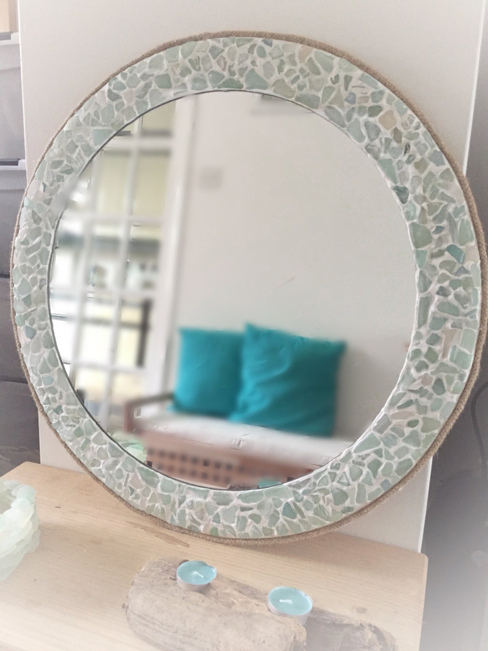 Large Round Sea Glass Mirror Isle of Wight Beach Home Decor Natural ...