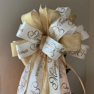 Gold Tree Topper Bow, Large Gold Tree Topper, Gold Merry Christmas Tree ...