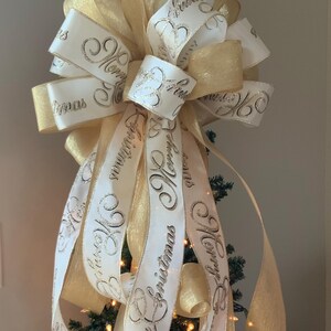 Gold Tree Topper Bow, Large Gold Tree Topper, Gold Merry Christmas Tree ...