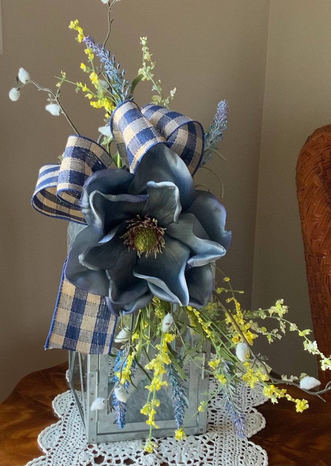Blue Magnolia Lantern Swag, Spring Blue Lantern Topper, All Season Blue ...