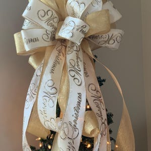 Gold Tree Topper Bow, Large Gold Tree Topper, Gold Merry Christmas Tree ...