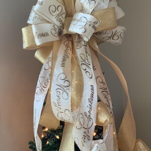 Gold Tree Topper Bow, Large Gold Tree Topper, Gold Merry Christmas Tree ...