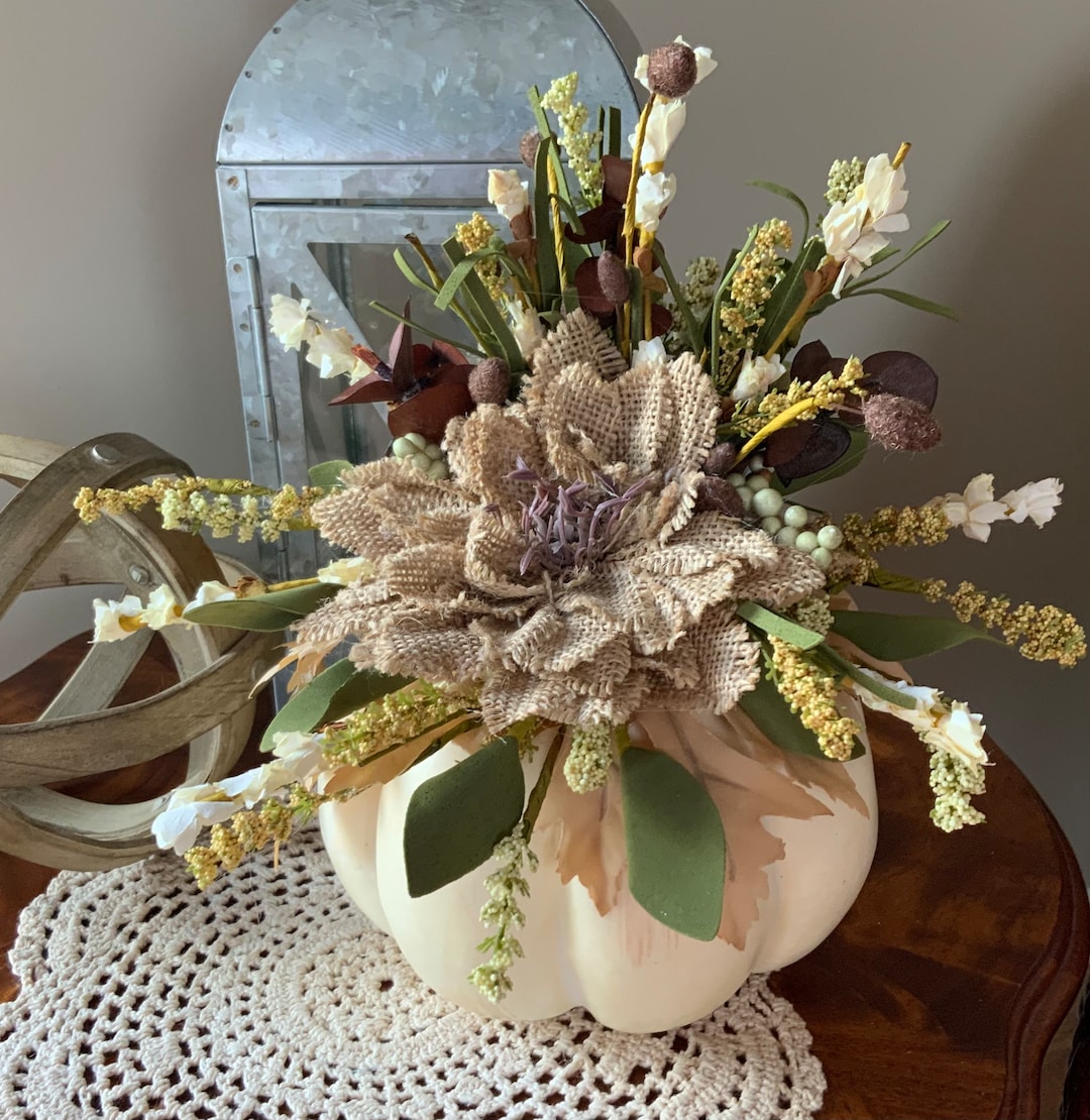 Floral Pumpkin Centerpiece, Neutral Floral Pumpkin Arrangement, Rustic ...