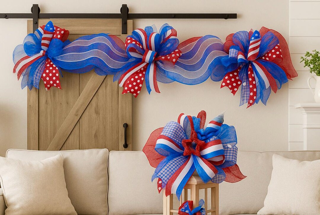 Patriotic July 4th Garland, July 4th Garland & Lantern Topper Set ...