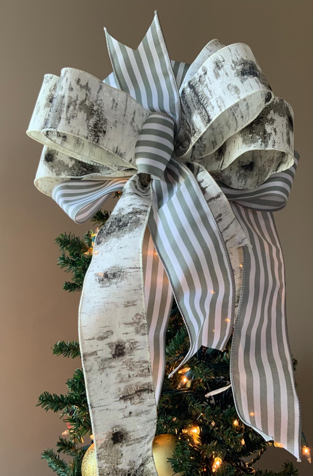 Christmas Birch Wood Tree Topper, Christmas Farmhouse Wreath Bow, Gray ...