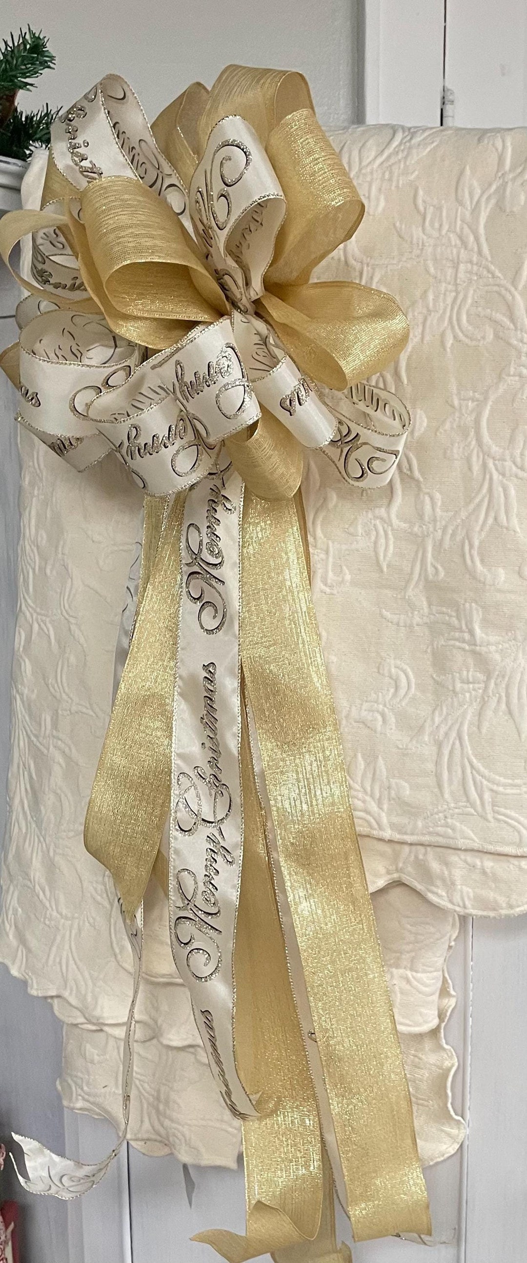 Gold Tree Topper Bow, Large Gold Tree Topper, Gold Merry Christmas Tree ...