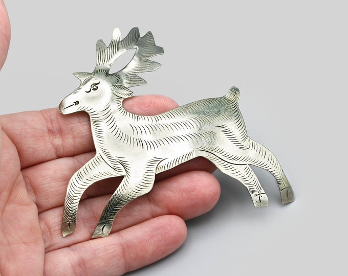 Large Sterling Silver? Reindeer Brooch, Etched Deer Pin, Moose ...