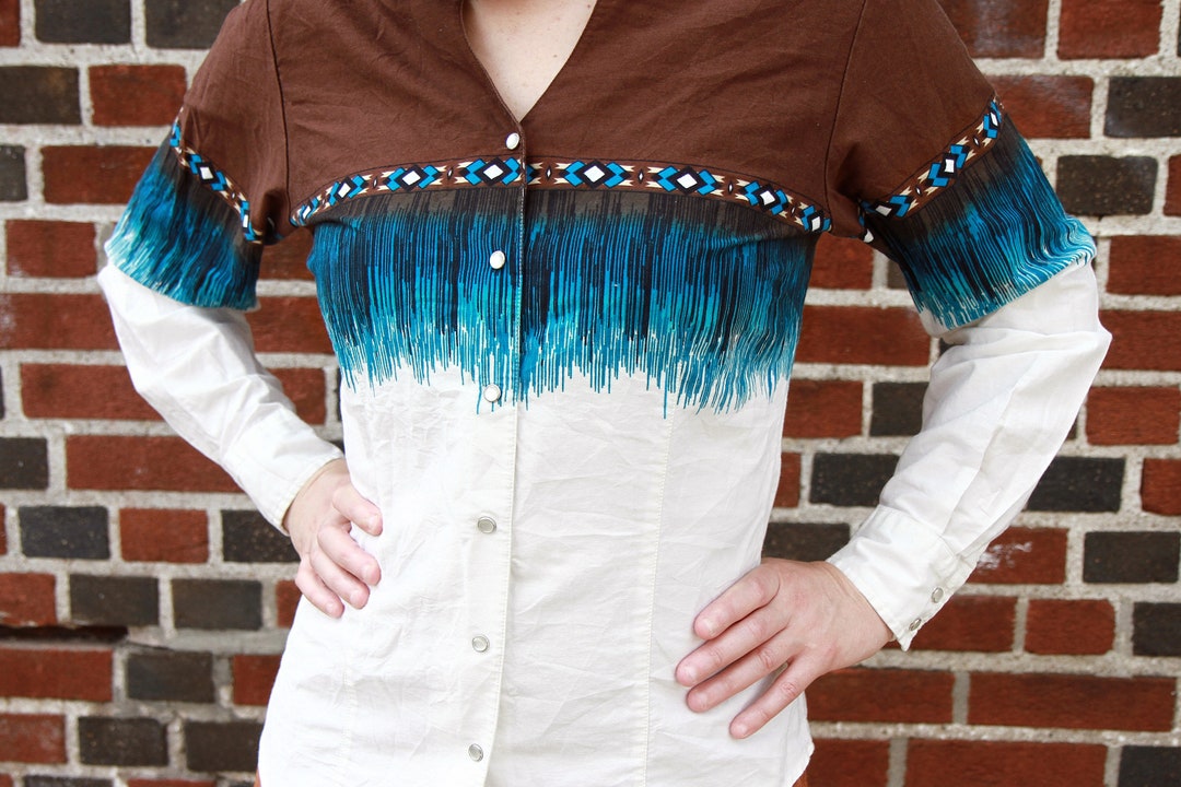 Southwestern Blouse, Pearl Snap Cotton Shirt, Cowgirl Top Size M Medium ...