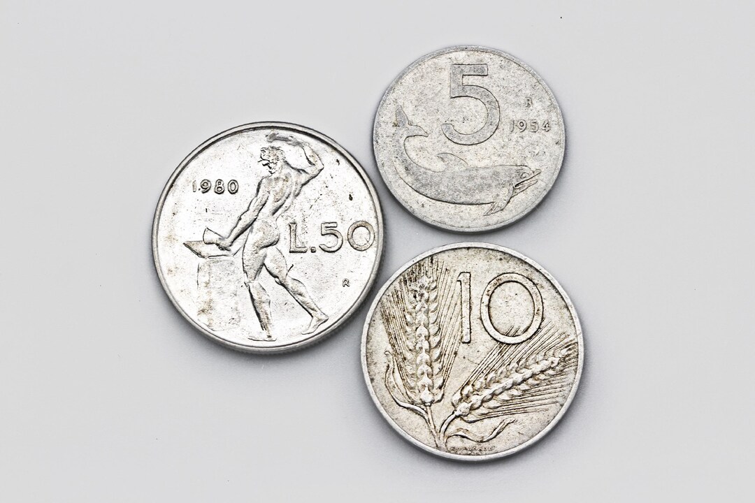 3 Italian Coins, 1954 R Italy 5 Lire, 1955 R Italy 10 Lire, 50 Lire ...